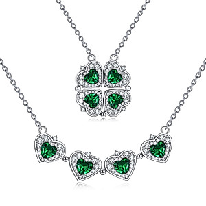 POPLYKE Sterling Silver Lucky Four Leaf Clover Necklace for Women Green Cubic Zirconia Folding Heart Love Pendant Necklace