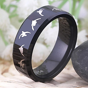 6mm/8mm Width Lover's Black Bevel Wedding Band with Laser Etched Bird Duck Hunting Outdoor Ring, Comfort Fit (8mm width, 12.5)