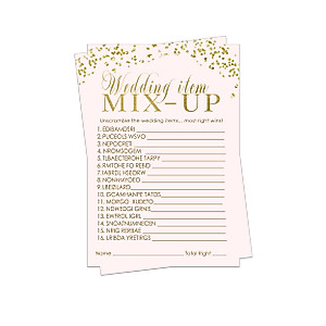 Pink and Gold Bridal Shower Word Scramble Game – 25 Pack, Couples Wedding Engagement Party Games, Reception Decor and Ideas, Fun Rehearsal Unscramble Guest Activities