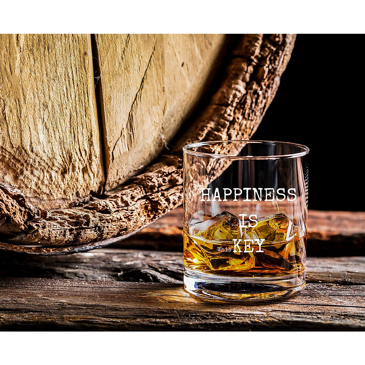 Happiness Is Key | 11 Ounce Rocks Glass | Old Fashioned | Highball Glass for Men Women Dad Father's Day