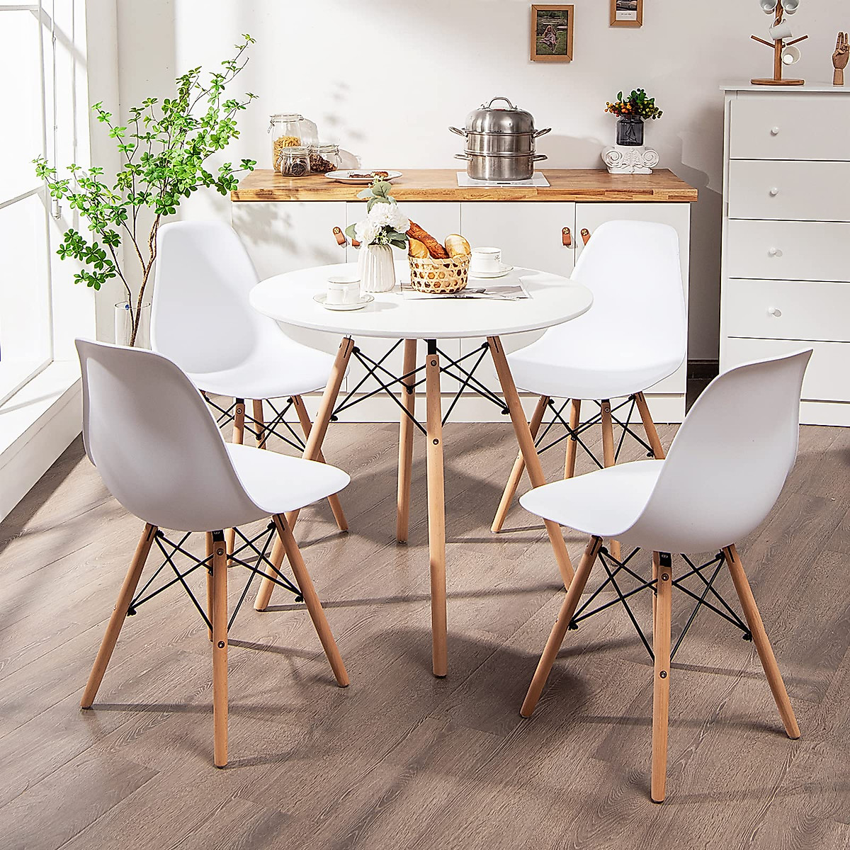 LDAILY Moccha Dining Table Set for 4, 5-Piece Kitchen Table Set with Round Dining Table & 4 Chairs, Breakfast Set with Solid Wood Legs, Modern Space-Saving Dinette Set for Dining Room, Kitchen, White