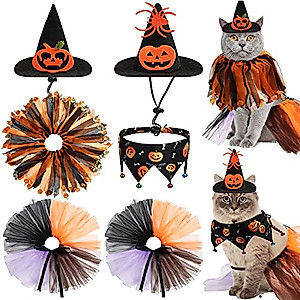6 Pcs Dog Costumes Cat Witch Costume Suit Include Pet Pumpkin Witch Hat Halloween Cat Collar with Bells Dogs Cats Tutu Skirt for Pets Kitten Puppy Birthday Holiday Outfit