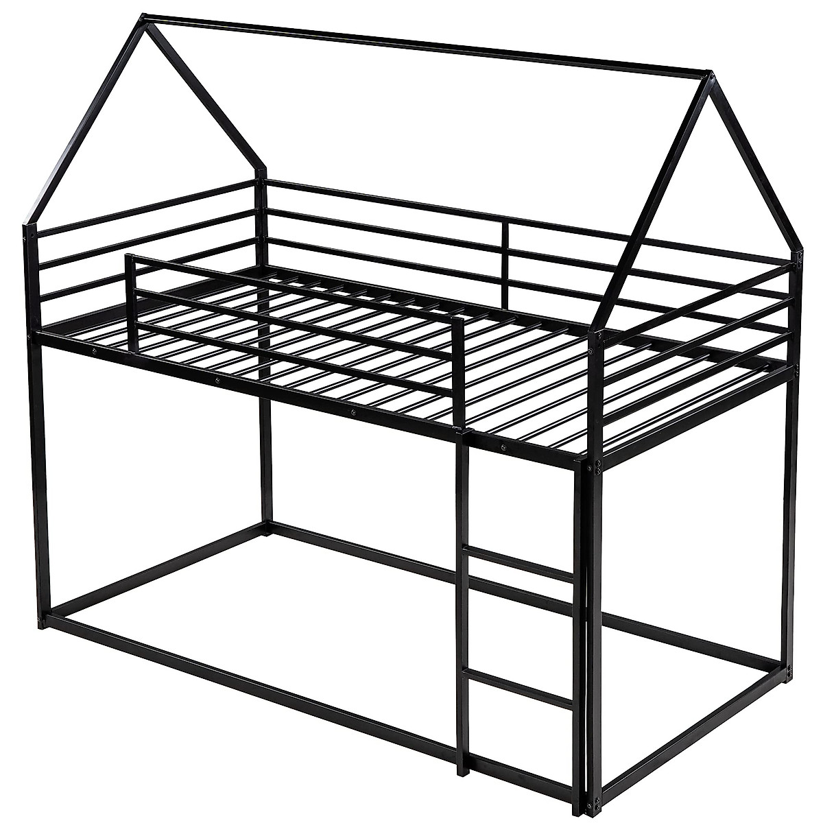 Harper & Bright Designs Twin Over Twin House Bunk Bed with Built-in Ladder, Metal Low Bunk Bed for Kids Girls Boys - Black