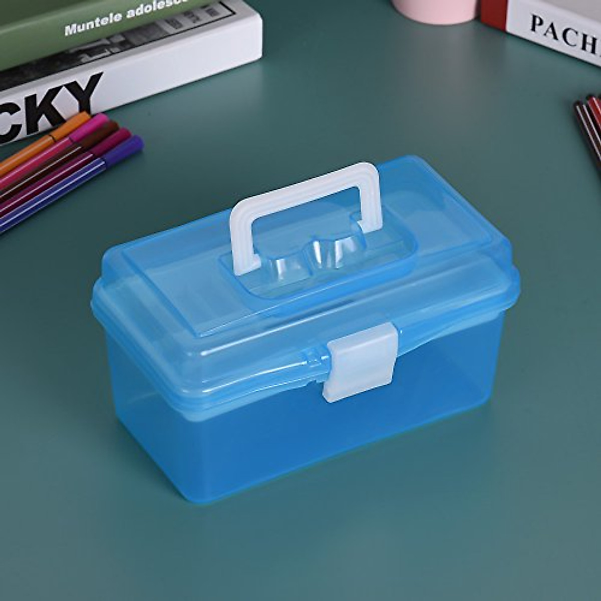 mewmewcat art box with handle,Clear Plastic Art Storage Box Watercolor Oil Painting Supplies Multipurpose Case Portable for Artists, Blue