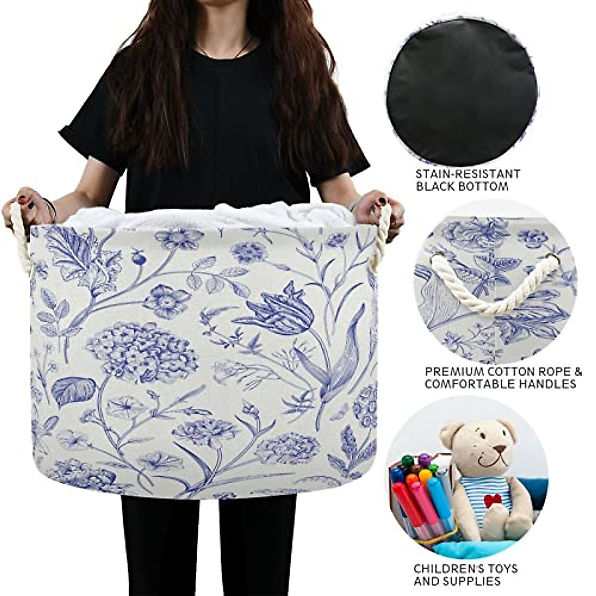 Kigai Cotton Rope Basket Toile Pattern Large Storage Basket for Toys Blanket Baby Laundry Basket for Nursery, Closet, Bedroom, Home Organization