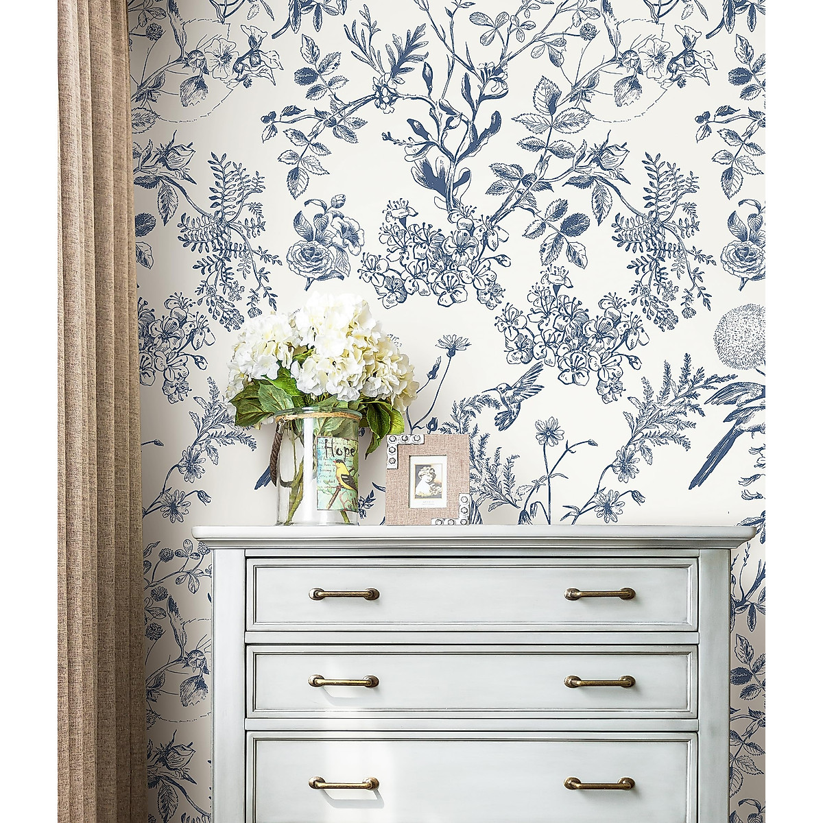 Safiyya Peel and Stick Wallpaper Floral Birds Contact Paper Blue and White Wallpaper Peel and Stick Modern Wallpaper Boho Wallpaper Removable Self Adhesive Wallpaper Vinyl Rolls 118"x17.3"