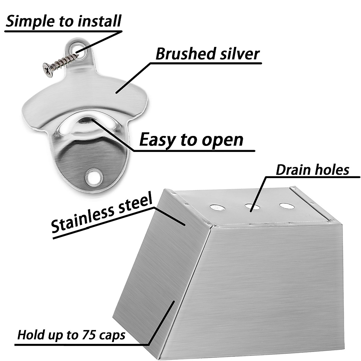 Luwanburg Wall-Mounted Bottle Opener 304 Stainless Bottle Cap Catcher with Hole, Outdoor Wall Mounted Bottle Opener used for Seashore/Boat