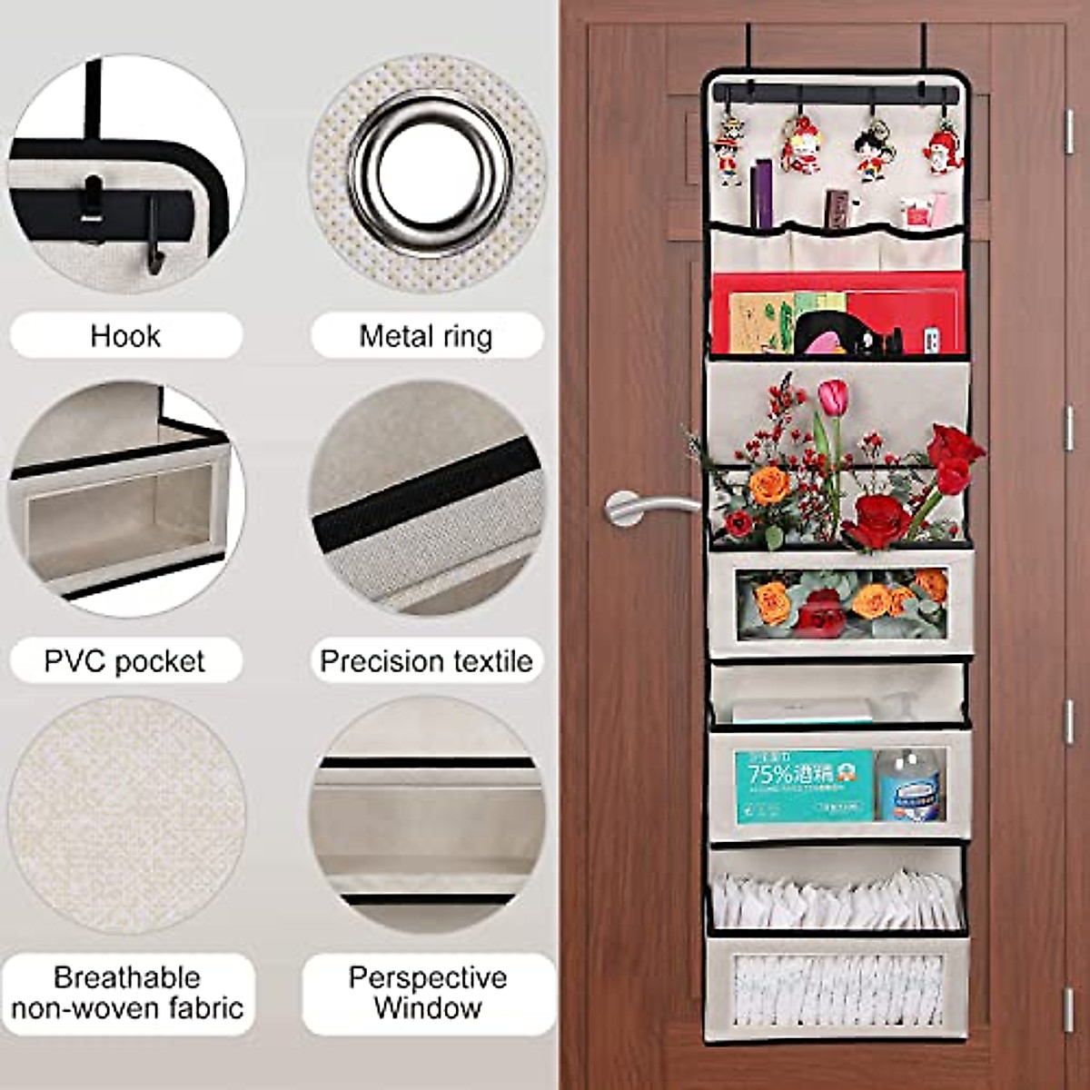 VICTORICH Super Convenient Sturdy Door Over Hanging Organizer, Behind The Door Storage Organizer with Hook and Large Clear Windows, Hanging Wall File Organizer (1 Pack A-Silk-Beige)