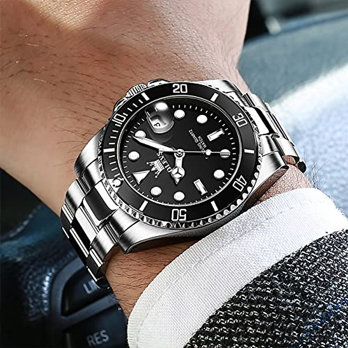 OLEVS Mens Watch Stainless Steel Big Face Silver Black Casual Dress Wrist Watch Quartz Analog Day Date Waterproof Luminous