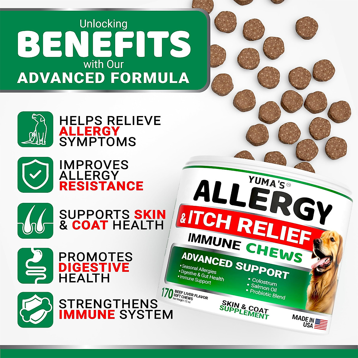 Dog Allergy Relief Chews - Dog Itching Skin Relief Treatment Pills - 170 Treats - Itchy and Paw Licking - Anti-Itch - Dry Skin & Hot Spots Omega 3 Fish Oil Skin & Coat Supplement - Beef Liver Flavor