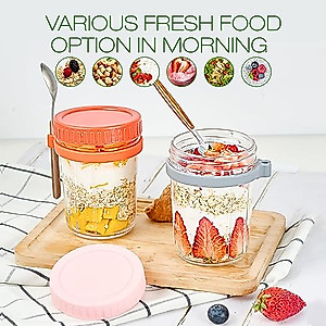 Hoa Kinh Overnight Oat Containers with Lids and Spoon 16oz 2Pack Glass Mason Jars for Overnight Oats, Cereal, Milk, Vegetable and Fruit Salad, Airtight Jars with Two Measurement Marks(Pink and Blue)