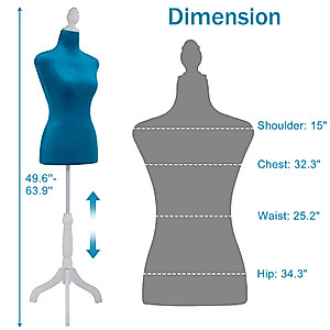 Mannequin Body, Female Dress Form Torso Manikin Body with Adjustable Height Wooden Tripod Stand for Sewing Dressmakers Dress Jewelry Display, Blue