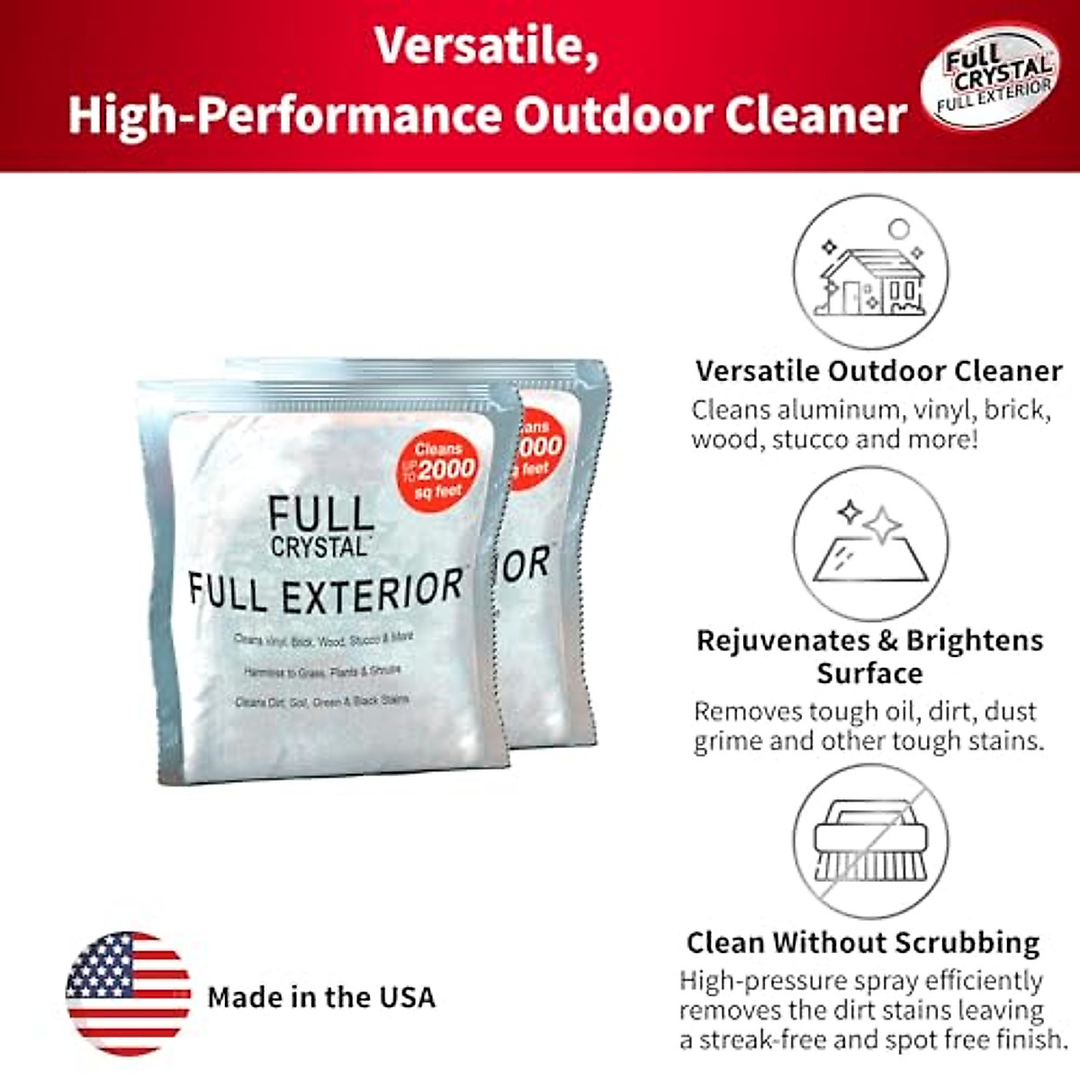 Full Crystal Exterior Refill Kits-Crystal Powder Outdoor Cleaner Packets Non-Toxic, No Scrub, No Rinse Cleaning Solution 8oz. Refill Kit Parent (16oz)