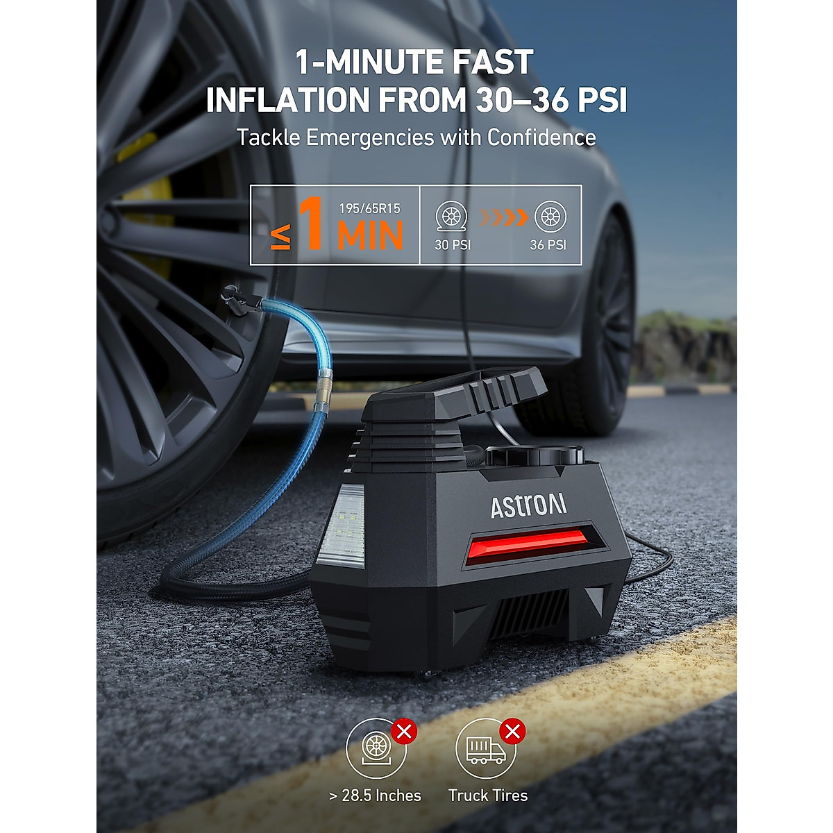 AstroAI Tire Inflator Portable Air Compressor Tire Air Pump for Car Tires - Car Accessories, 12V DC Auto Pump with Digital Pressure Gauge, Emergency LED Light for Bicycle, Balloons, Red