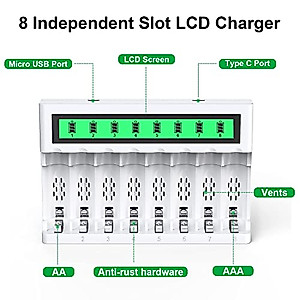 Deleepow 1.2V Rechargeable AAA Batteries 1100mAh Nimh AAA Rechargeable Batteries 8-Pack Gold-Plated Anode with USB-C and Micro USB 2 Charge Port LCD Charger