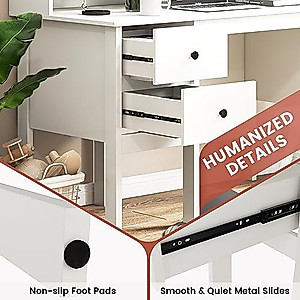 Tangkula White Desk with Drawers & Hutch, Modern Home Office Desk Writing Study Desk with Charging Station, Laptop Desk with 5 Storage Compartments, Computer Workstation Makeup Vanity Desk