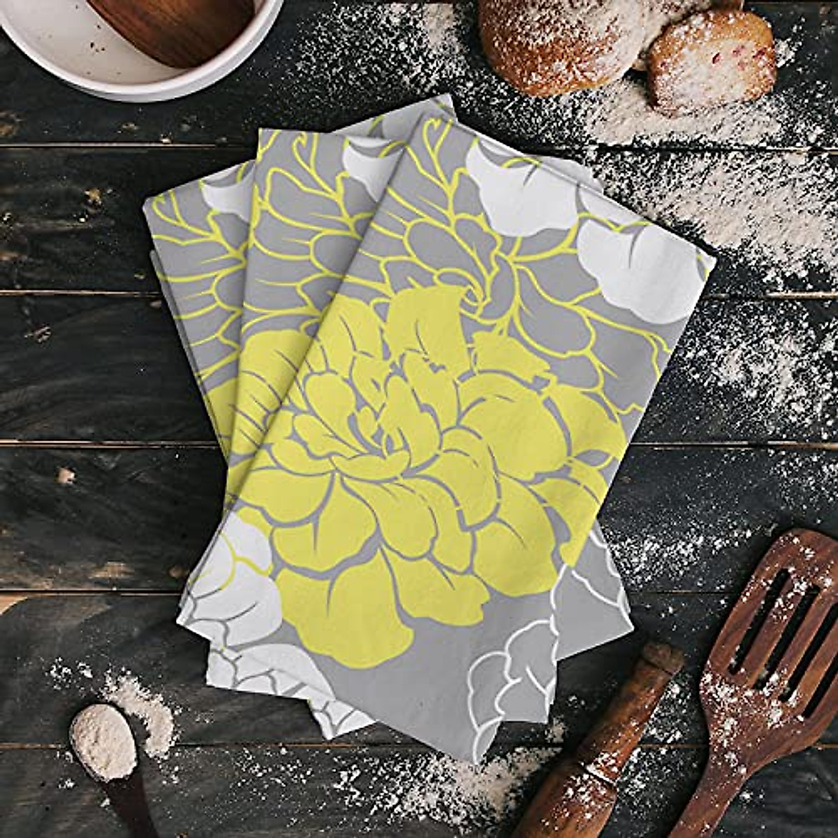 Yun Nist Kitchen Dish Towels,Yellow White Flower Lines Soft Microfiber Dish Cloths Reusable Hand Towels,Watercolor Floral Seamless Grey Washable Tea Towel for Dishes Counters 1 Pack