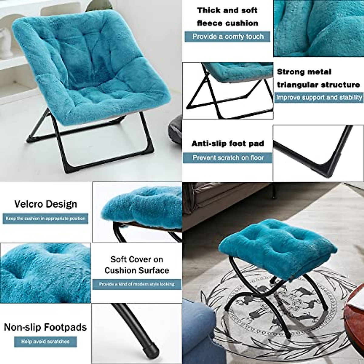 WELL-STRONG Folding Living Room Chair with Ottoman - Faux Fur Foldable Bedroom Chair and Foot Rest Set with Metal Frame Lounge Chair and Foot Stool Set for Men, Women Blue