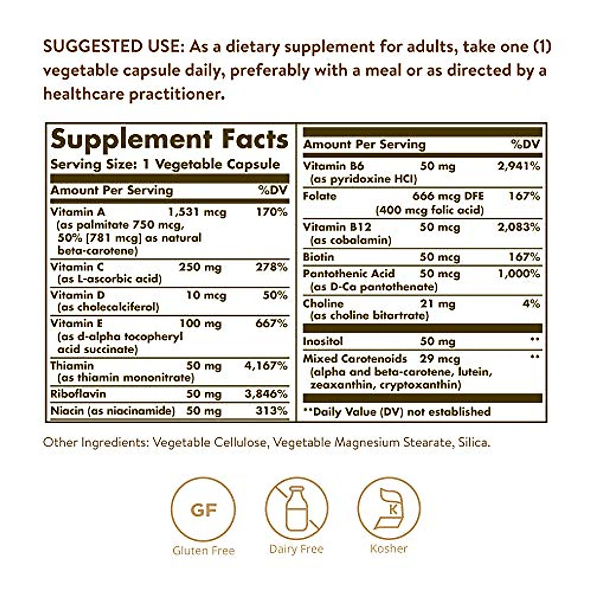 Solgar Vitamins Only, 90 Vegetable Capsules - Multivitamin - Vitamin A, B1, B2, C, D & E - Overall Well-Being - Immune Support - Gluten Free, Dairy Free, Kosher - 90 Servings