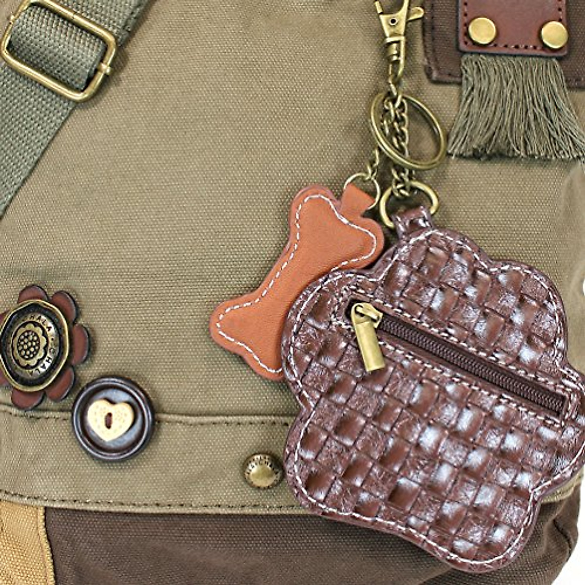 Chala Canvas Crossbody Messenger handBags with Keyfob/Coin Purse - (Green Paw) (Olive -Teal Paw)