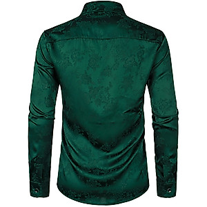 ZEROYAA Men's Hipster Floral Jacquard Long Sleeve Satin Silk Like Button Up Dress Shirts for Party Prom ZHCL55 Dark Green Small