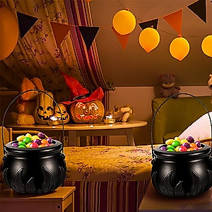Tanlade Halloween Witch Cauldron, 3 Pcs Candy Serving Bowl on Rack with 3 Black Plastic Cauldron Bowls, Spooky Candy Bucket Punch Bowls for Halloween Party Table Home Decoration(Black)