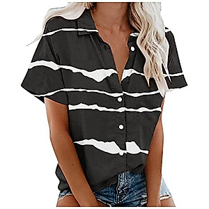Fashion Womens Short Sleeve Pocket Button Tee Casual Popular Blouse Tops Button Down Short Sleeve Shirts Grey