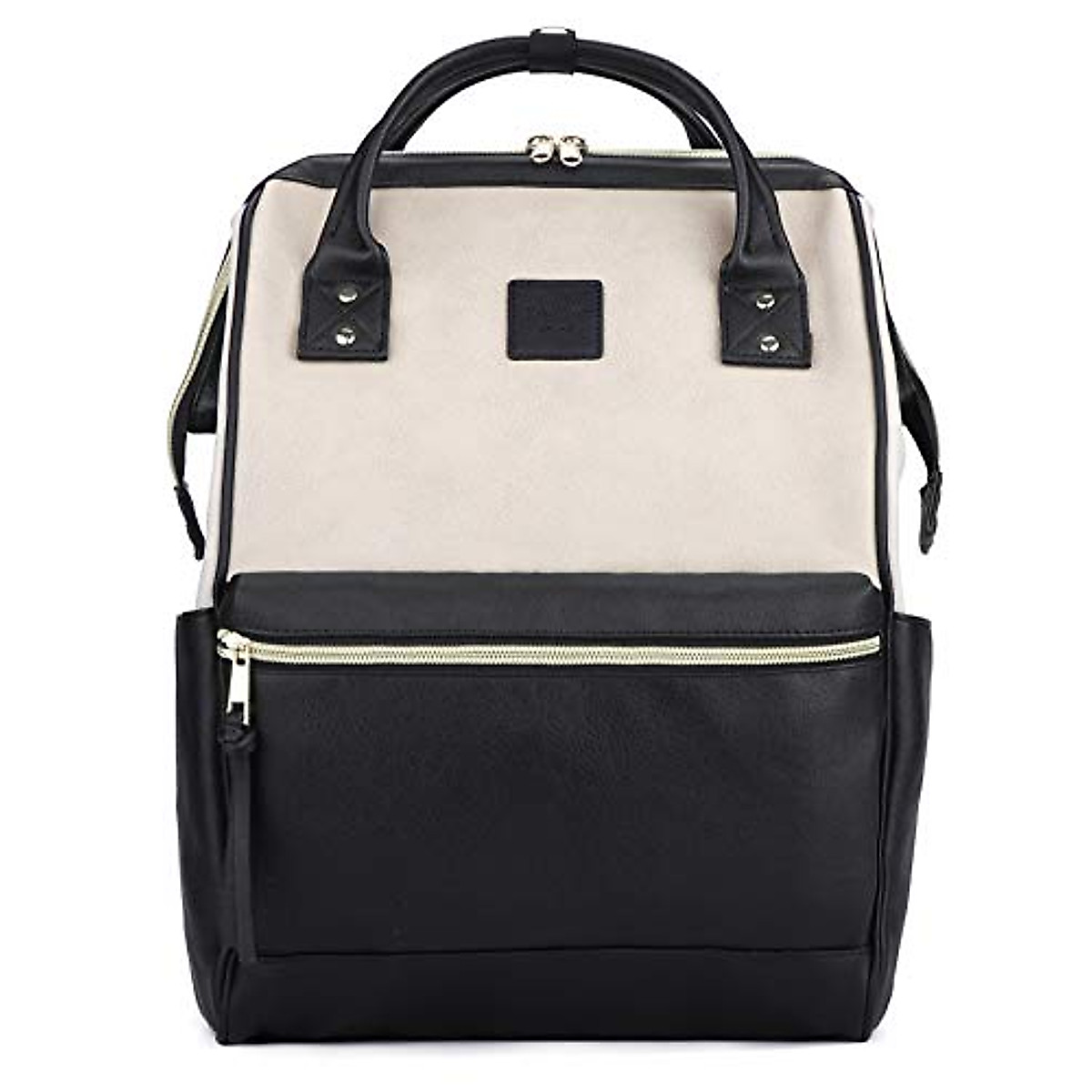 Kah&Kee Leather Backpack Diaper Bag with Laptop Compartment Travel School for Women Man (Beige/Black, Large)