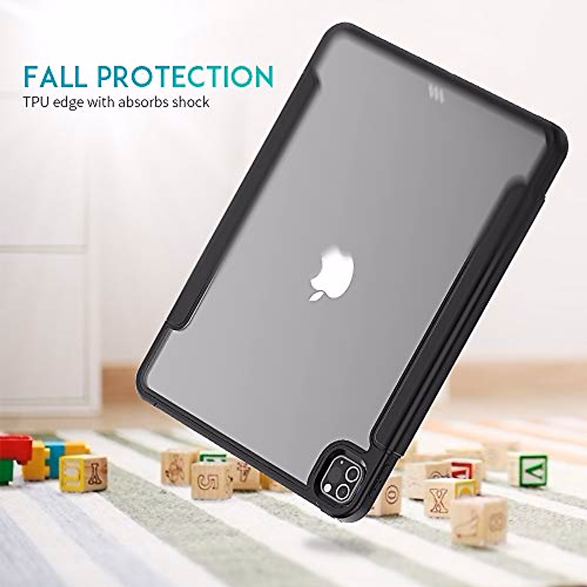 OKUT Smart Case for iPad Pro 12.9" 2020 & 2018,Heavy Duty Protective Cover with Pencil Holder/Tri-Fold Stand/Auto Sleep-Wake/Protector -Black……