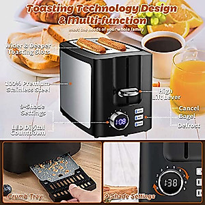 Toaster 2 Slice Wide Slot Toaster Best Rated Prime Displav Smart Toasters with LCD Digital Countdown Timer and Bagel/Defrost/Cancel/Reheat Function