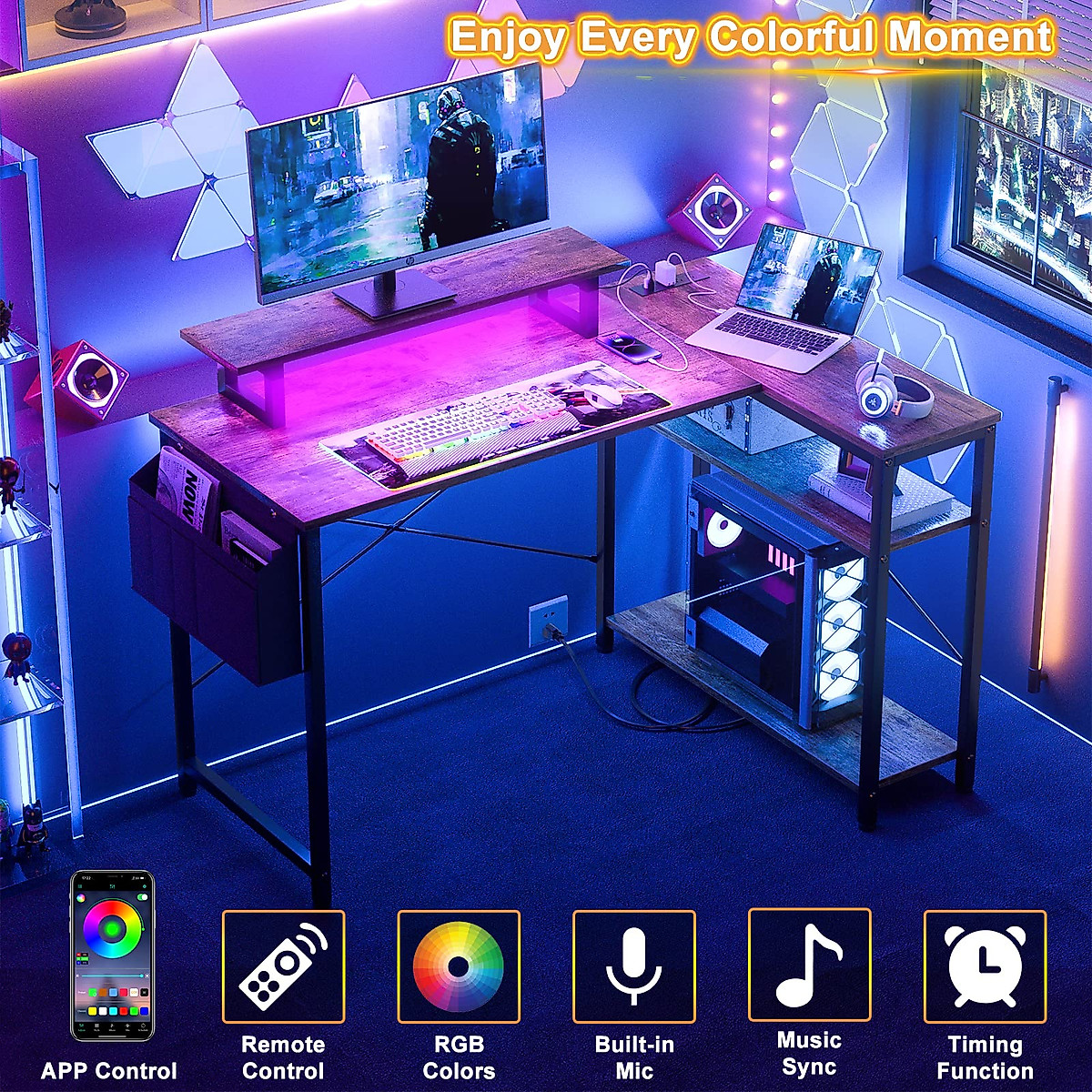 Homieasy L Shaped Computer Desk with LED Strip & Power Strip, 47 Inch Corner Desk with Monitor Stand Reversible Storage Shelves, Modern Simple Home Office Gaming Desk with Storage Bag(Rustic Brown)