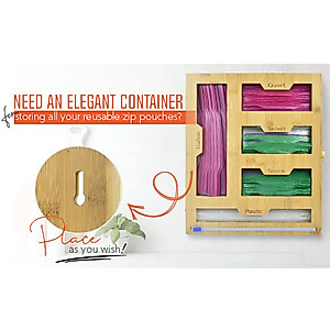 DESIGN INN 5 in 1 Bamboo Ziplock Bag Organizer for Drawer with Cling Wrap Dispenser and Cutter - Suitable for Gallon, Quart, Sandwich & Snack Variety Size Bags