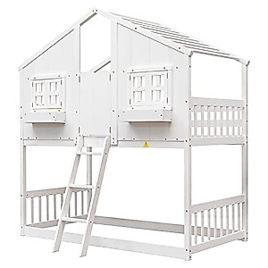 ERYE Twin Over Twin House Bunk Bed with Roof,Window, Window Box and Window Door,Twin Size Wooden Bunk Bed with Safety Guardrails and Ladder for Kids Children Teens Boys and Girls,White