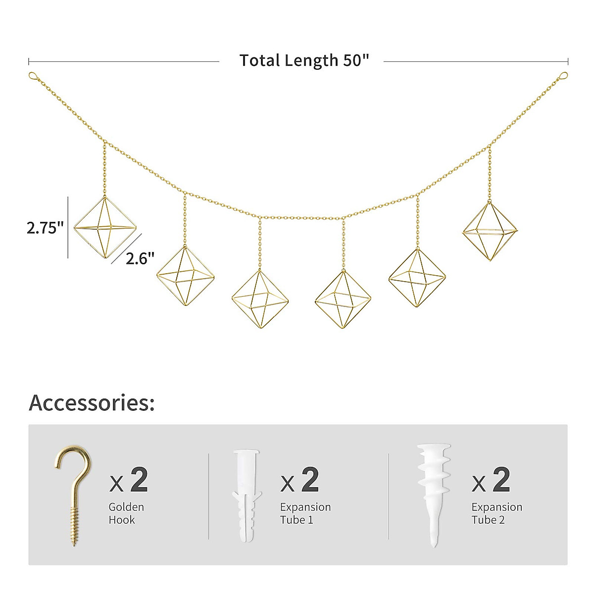 Dahey Gold Geometric Hanging Air Plant Holders - Set of 6 Square Metal Planters with Chains for Indoor Wall Decor