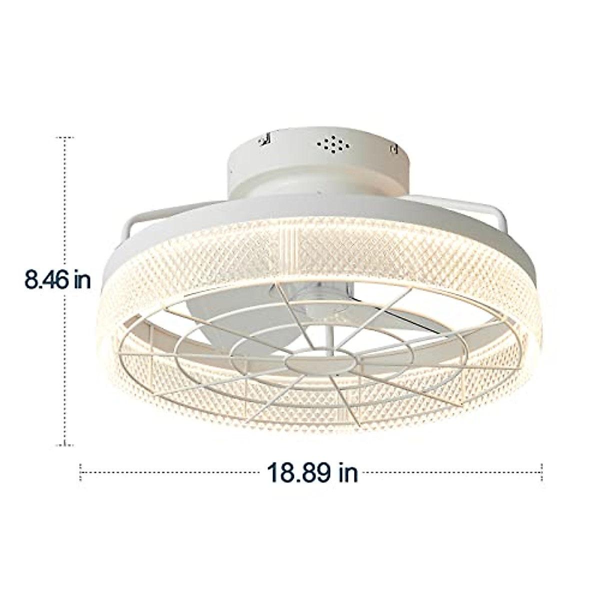 YUZEAL 18.9 Inch Low Profile Ceiling Fans with Lights and Remote, Modern Small bladeless Farmhouse Caged Round Flush Mount Dimmable LED Lighting, Memory, 3 Colors, Reversible Blades (White)