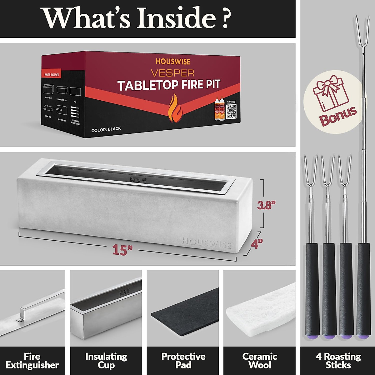 Houswise Tabletop Fire Pit - Concrete Outdoor & Indoor Fire Pit Tabletop, Smores Maker Kit, Table Top Firepit, Small Portable Mini Indoor Fireplace