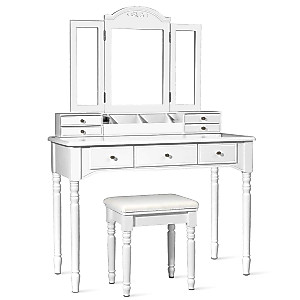 MAT EXPERT Vanity Desk Set with Mirror and 7 Drawers, Makeup Dressing Table w/Cushioned Stool, Dressing Table w/Partitioned Shelf, Modern Tri-Folding Mirror Vanities for Bedroom (White)