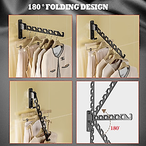Wall Mount Coat Hanger Holder Black Clothes Drying Organizer Rack Garment Hooks Aluminium Retractable Folding Indoor Wall Mounted Hanger Space Saver for Laundry Room Bedroom Black 2 Pack with 8 Hooks