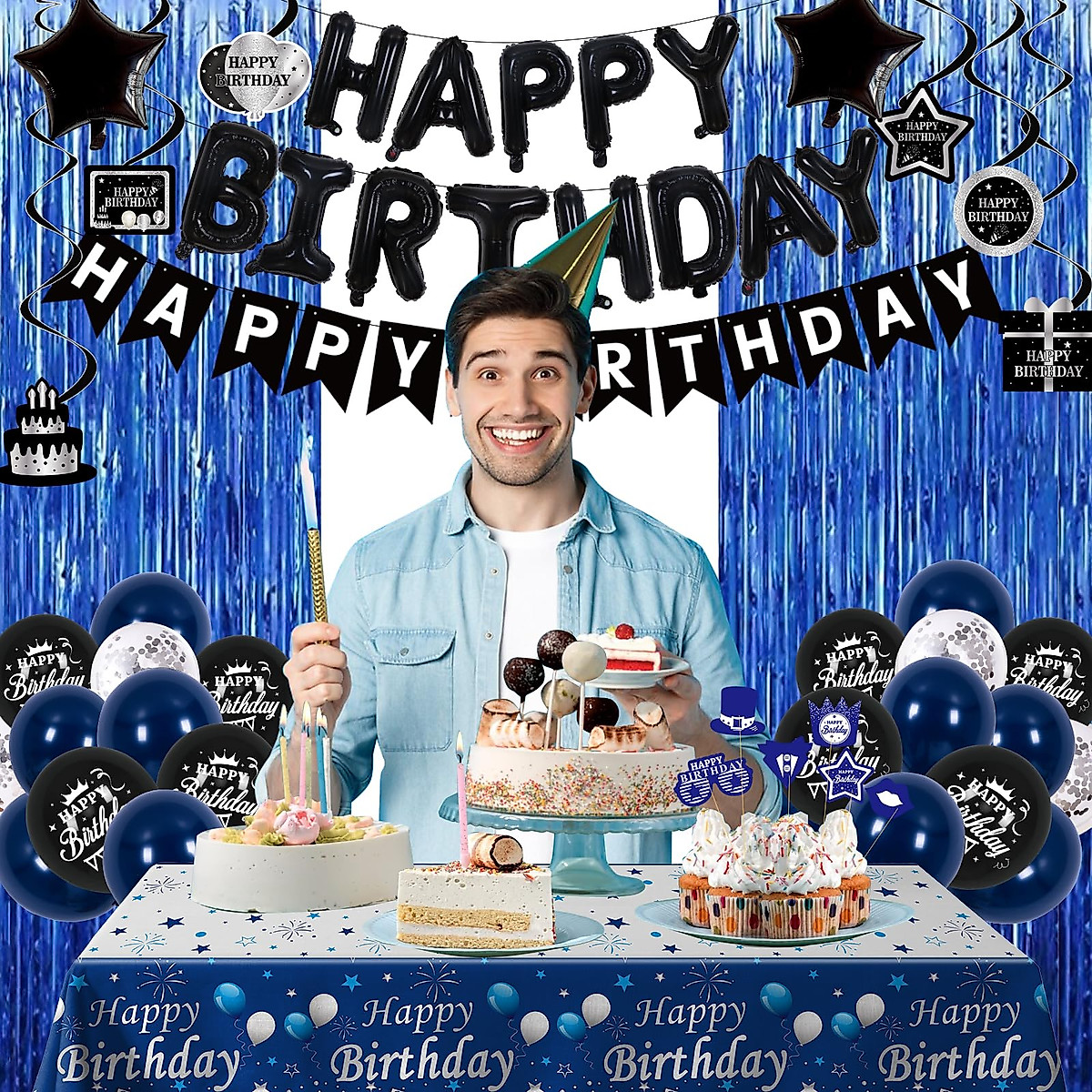 Blue Black Happy Birthday Decorations for Men Women Boys, Happy Birthday Banner, Fringe Curtain, Beer Balloons, Tablecloth, Hanging Swirls for 13th 16th 18th 21st 30th 40th 50th 60th Party Supplies