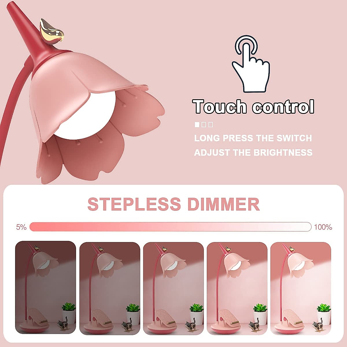 KoudHug Pink Desk Lamp with Clamp, Rechargeable LED Small Desk Lamp, Adjustable Gooseneck, Dimmable Cute Desk Lamp for Kids Girls Bedroom Dorm Office