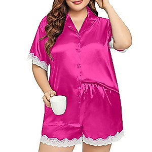 SWOMOG Plus Size Satin Pajama Set for Women Silk Satin Pj Set Short Sleeve Button Down Loungewear 2 Pcs Soft Lace Trim Nightwear Rose Red