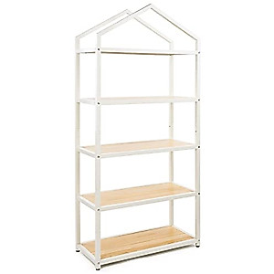 Displays2go 5-Tier Home or Retail Shelving Unit, Wrought Iron Frame, Open Back, Triangle Top Design - Ivory