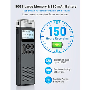 80GB Digital Voice Activated Recorder with Playback - Audio Voice Recorder for Lectures Meetings, Recording Device Dictaphone Sound Tape Recorder with Password & Card Reader
