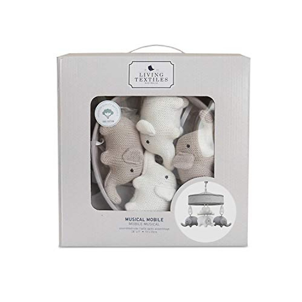 Living Textiles Baby Musical Mobile - Grey Elephants | Crib Toy, Knitted Hanging Toys, Nursery Decor, Calming Soother with 12 Lullabies | Baby Essential and Perfect Baby Toy for Boys and Girls