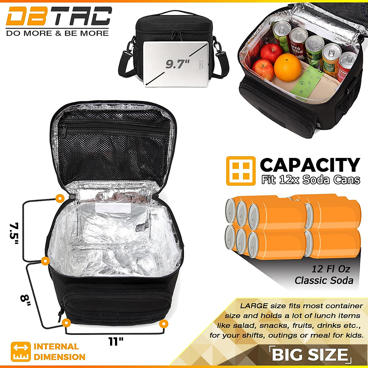 DBTAC Tactical Lunch Bag, Insulated Lunch Box for Men Women Adult | Durable School Lunch Pail for Teens | Leakproof Lunch Cooler Tote for Work Office Travel | Soft Easy To Clean Liner x2, Black