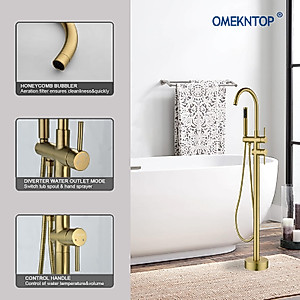 Freestanding Bathtub Faucet Floor Mount Tub Filler Brush Gold, OMEKNTOP Modern Freestanding Tub Faucet with 360 Swivel Gooseneck Spout and Handheld Shower, Standing Tub Faucet for Bathroom
