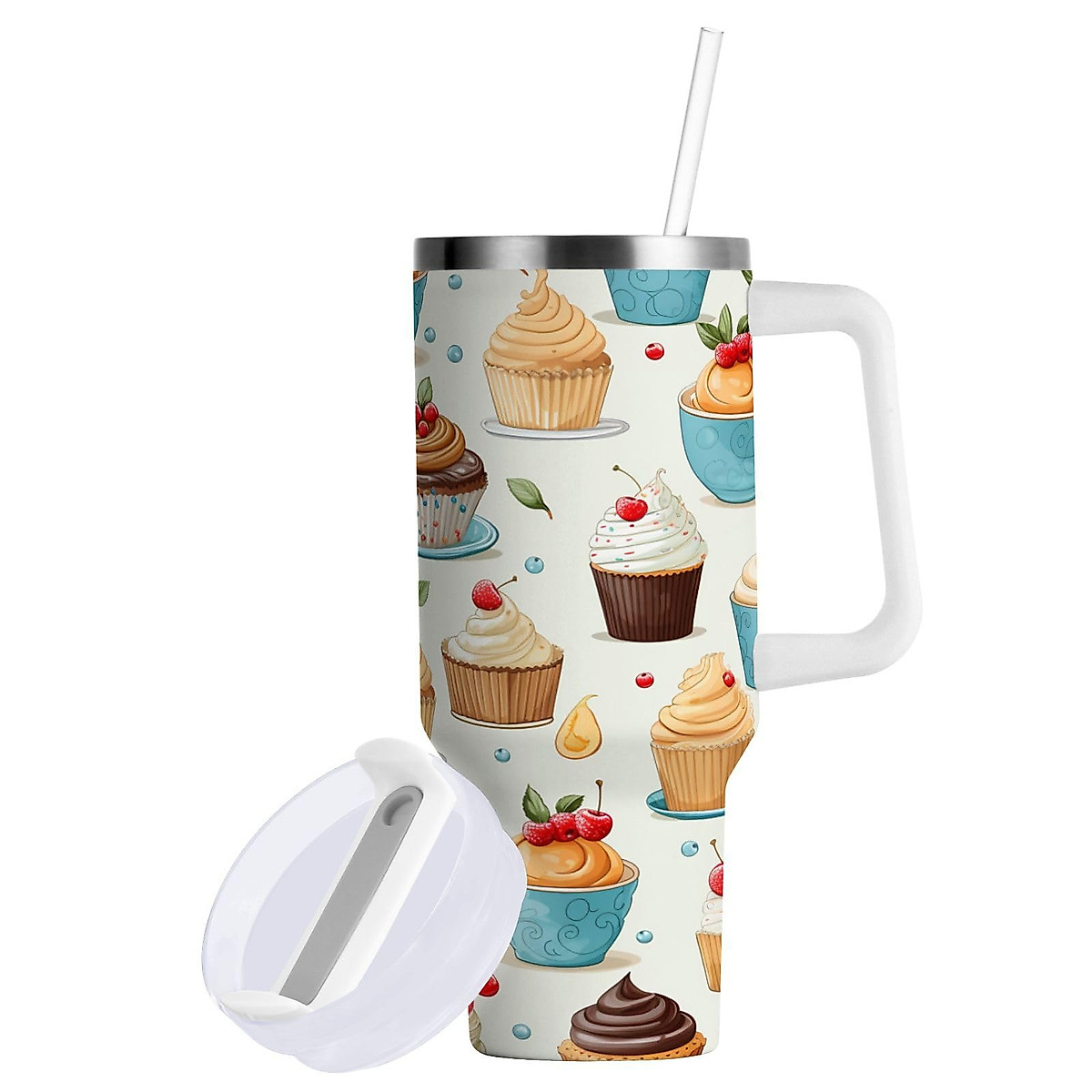 ARGTILDN 40 oz Tumbler Cupcakes Cherry Leaves Insulated Travel Mug with Handle and Straw Lid Stainless Steel Vacuum Coffee Cup Tea Beverage Container Water Bottles for Car Sports office