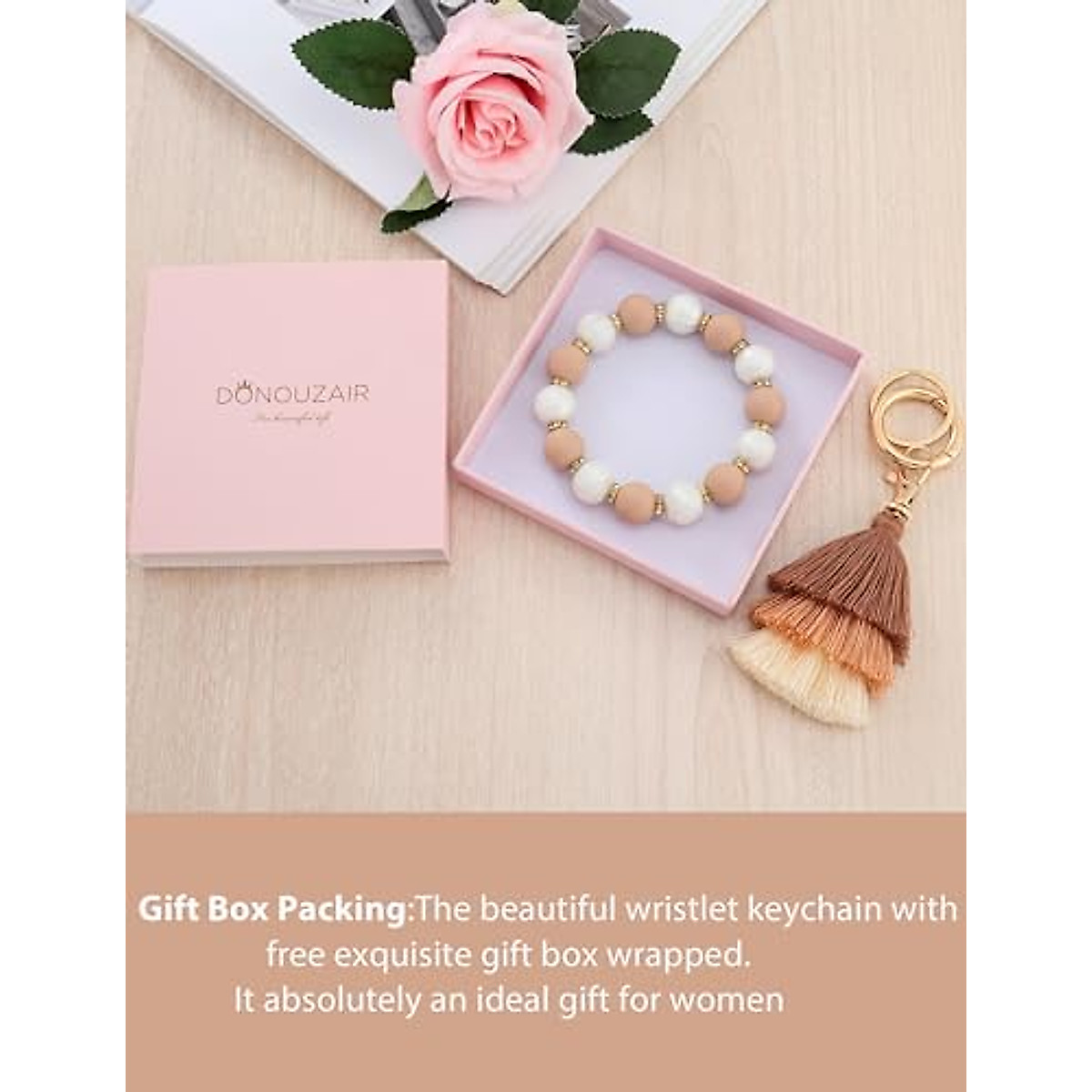 Donouzair Cute Keychain Wristlet,Silicone Beaded Key Ring Bracelet Keychain Car Holder Key Chains for Women with Gift Box(Oatmeal)