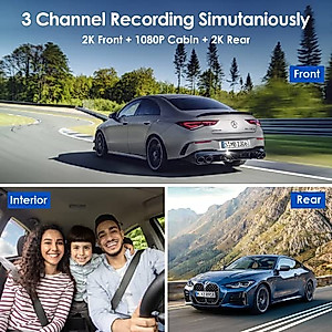 3 Channel 4K Dash Cam with SD Card, Built in GPS, 4K+2K Front and Rear, 1440P+1080P+1440P Three Way Triple Car Camera, Dash Camera for Cars, Night Vision, Parking Mode