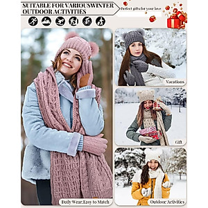 Winter Hat Scarf Glove Set for Women, Warm Fleece Lined Womens Beanie Hat with Double Pom Pom, Gloves with Touchscreen Fingers, Knit Scarf Neck Warmer for Cold Weather-Grey